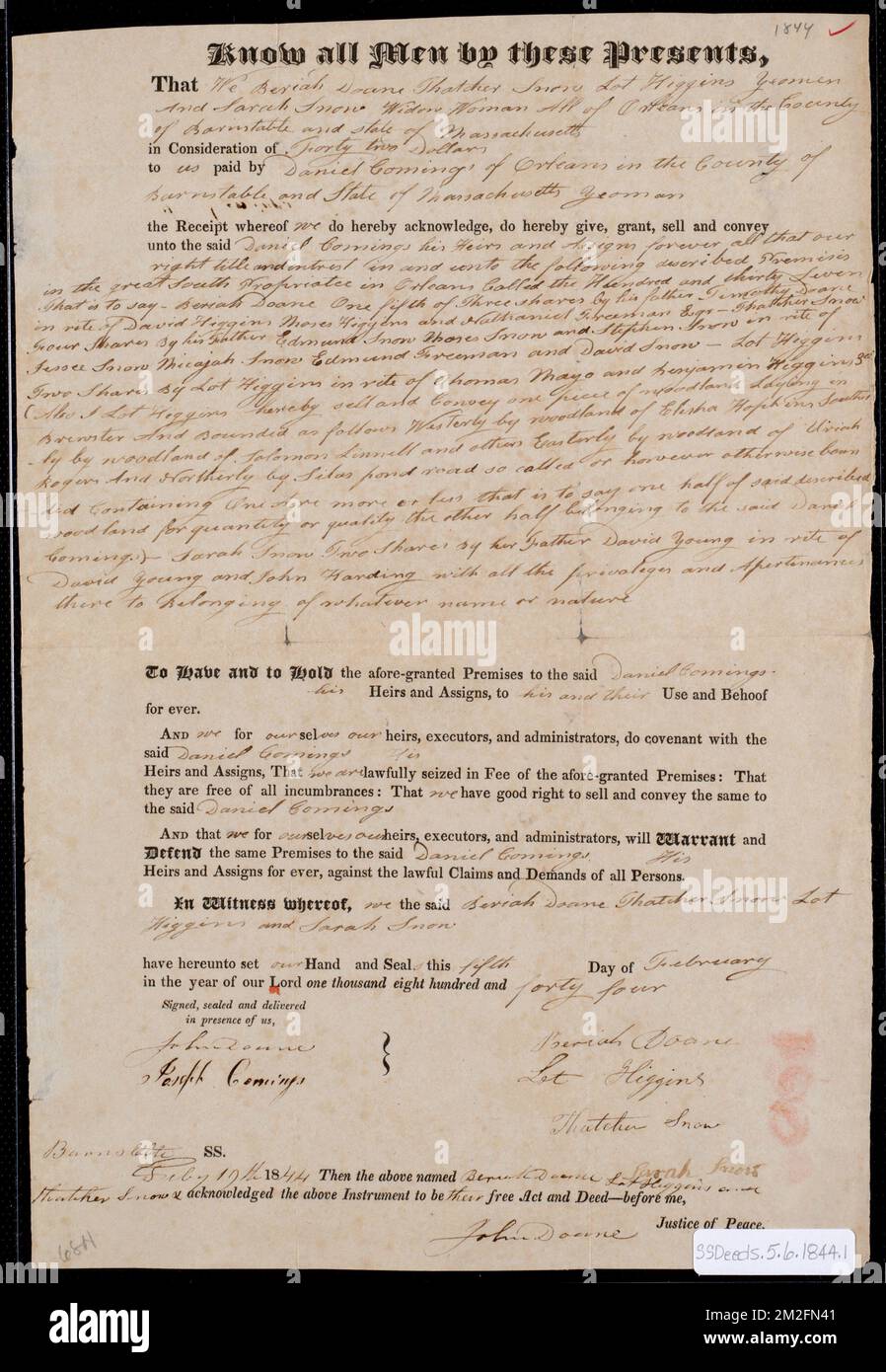 Deed of property in Orleans sold to Daniel Comings of Orleans by Beriah ...