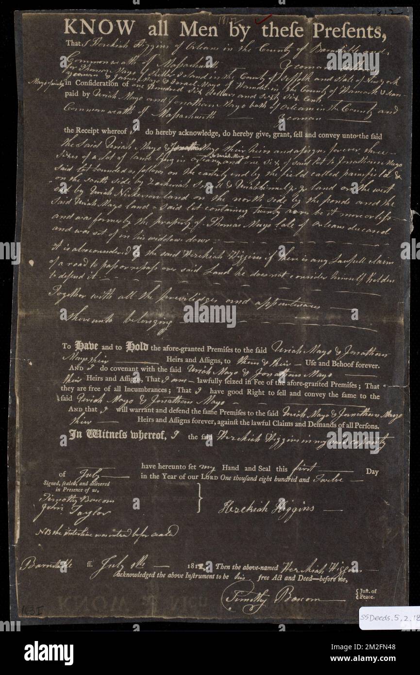 Deed of property in Orleans sold to Beriah Mayo and Jonathan Mayo by ...