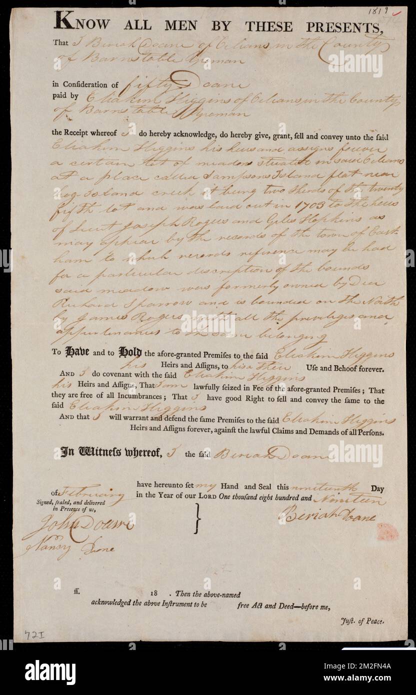 Deed of property in Orleans sold to Eliakim Higgins of Orleans by ...