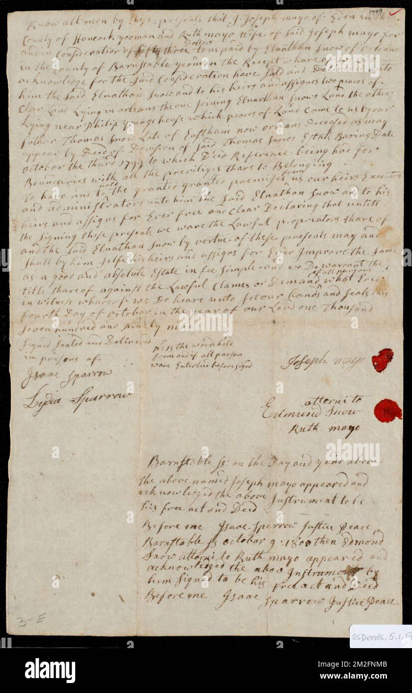 Deed of property in Orleans sold to Elnathan Snow of Orleans by Joseph ...