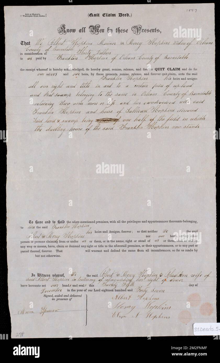 Deed of property in Orleans sold to Franklin Hopkins of Orleans by ...