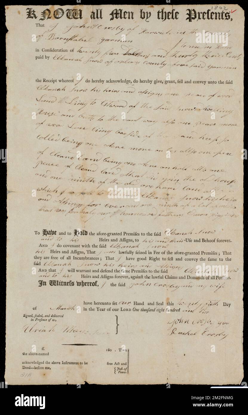 Deed of property in Orleans sold to Elkanah Snow of Orleans by John ...