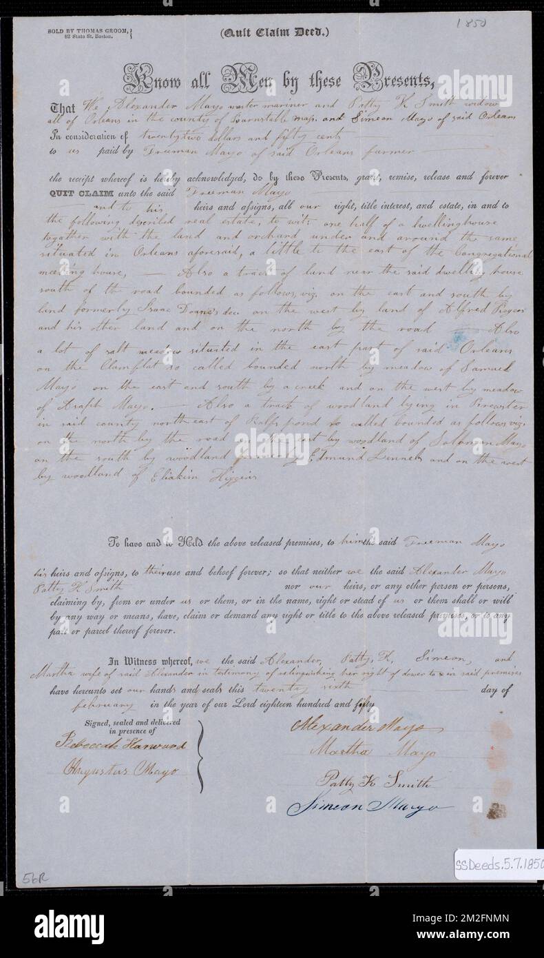 Deed of property in Orleans sold to Freeman Mayo of Orleans by ...