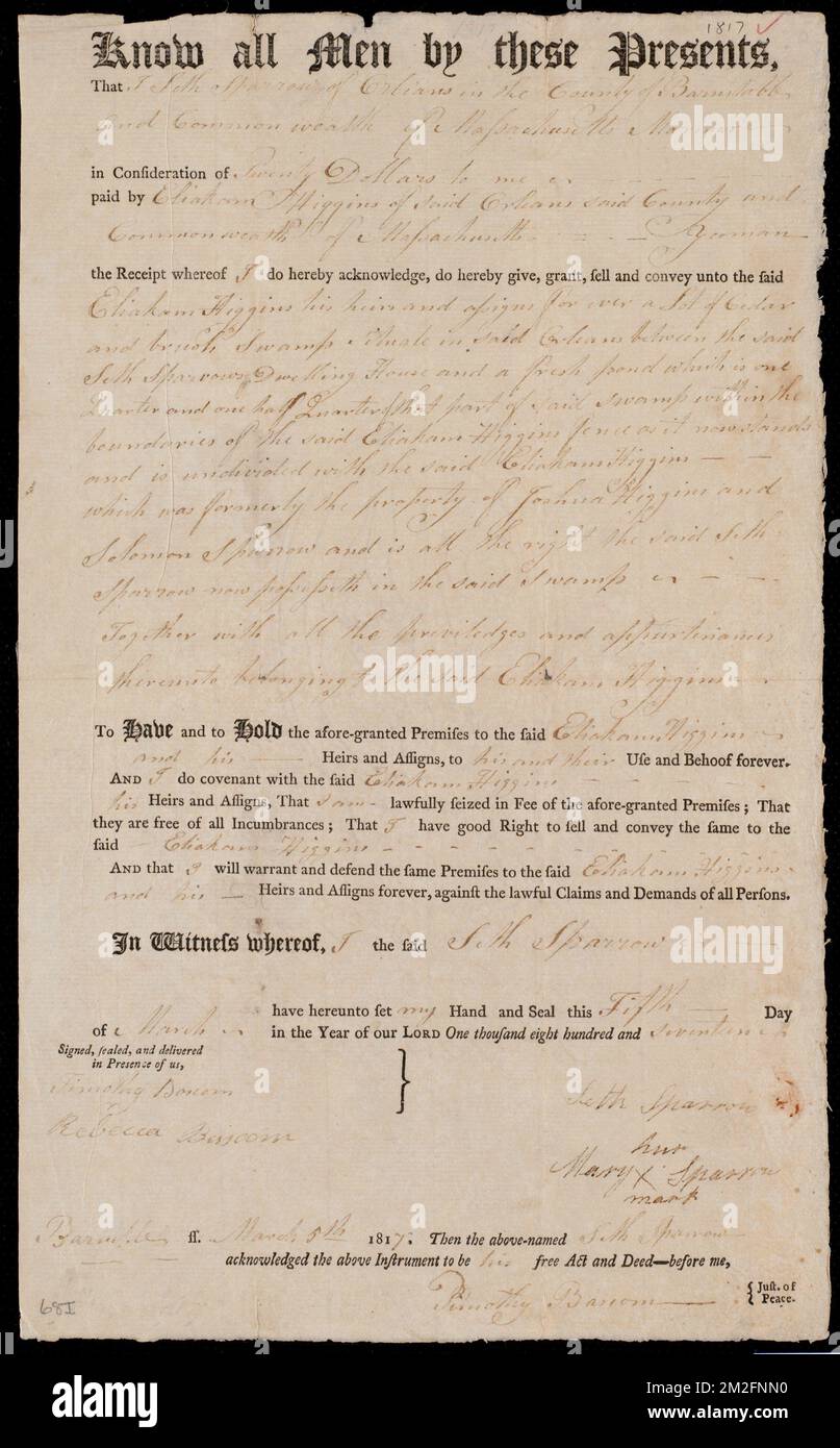 Deed of property in Orleans sold to Eliakim Higgins of Orleans by Seth ...