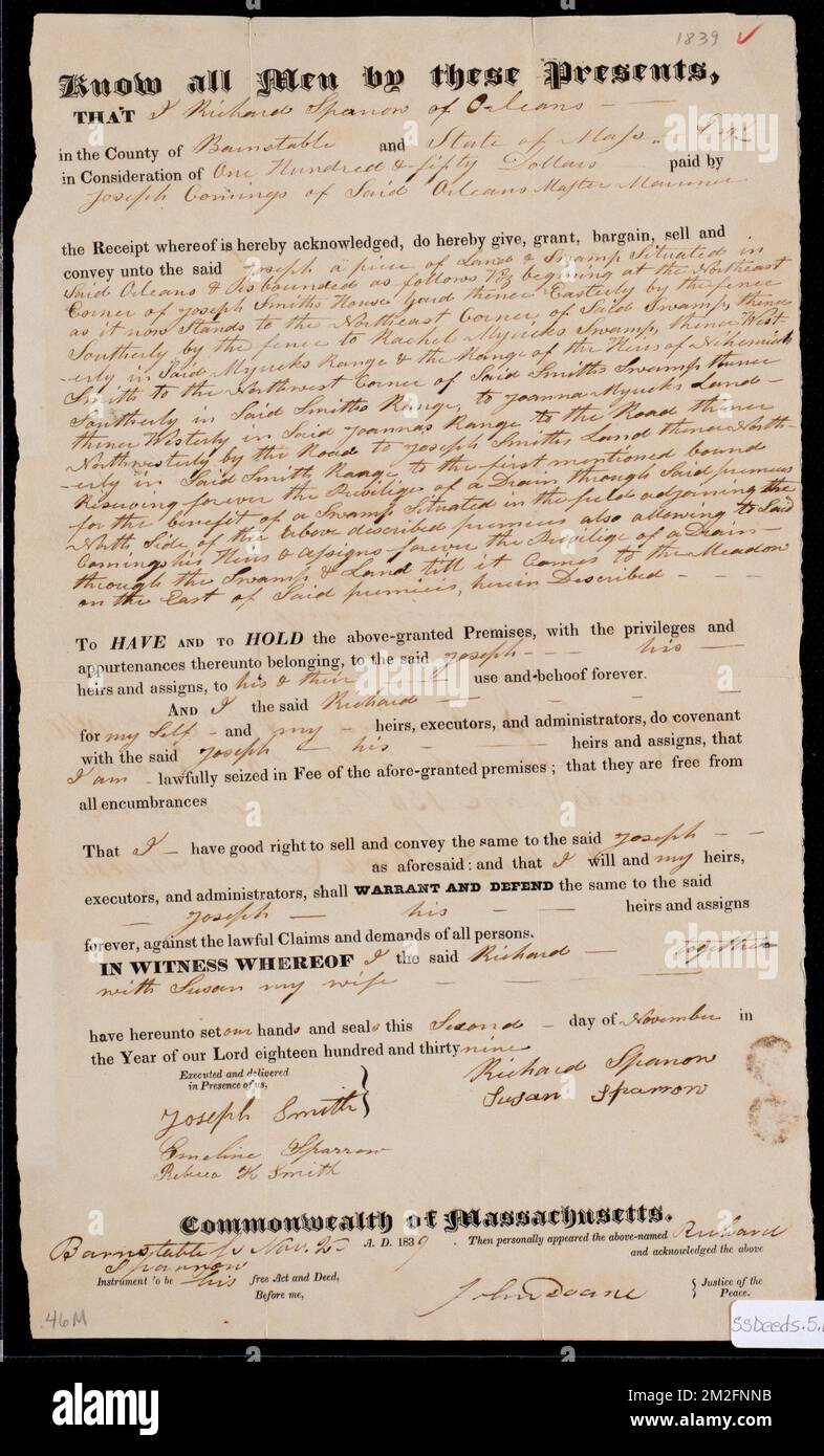 Deed of property in Orleans sold to Joseph Comings of Orleans by Esq ...