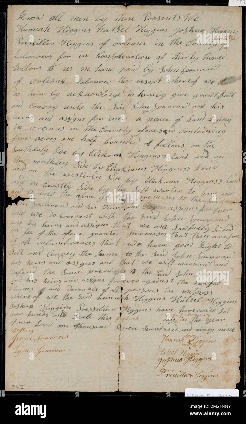 Deed of property in Orleans sold to John Sparrow of Orleans by Hannah ...
