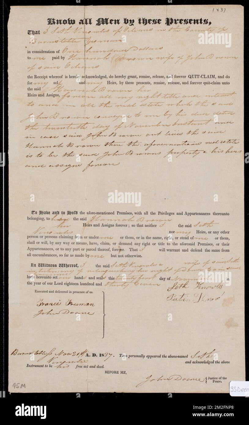 Deed of property in Orleans sold to Hannah Brown of Orleans by Seth ...