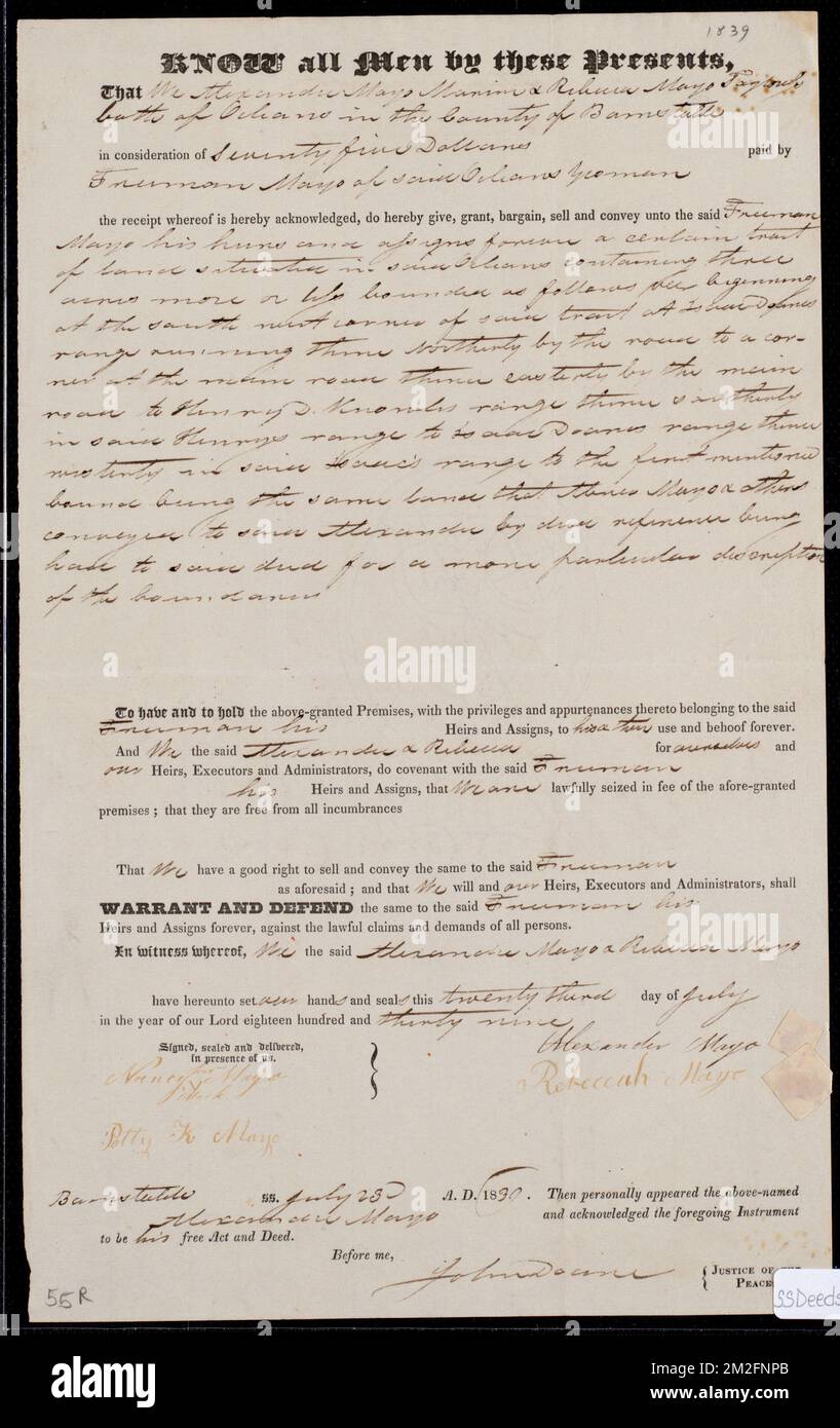 Deed of property in Orleans sold to Freeman Mayo of Orleans by ...