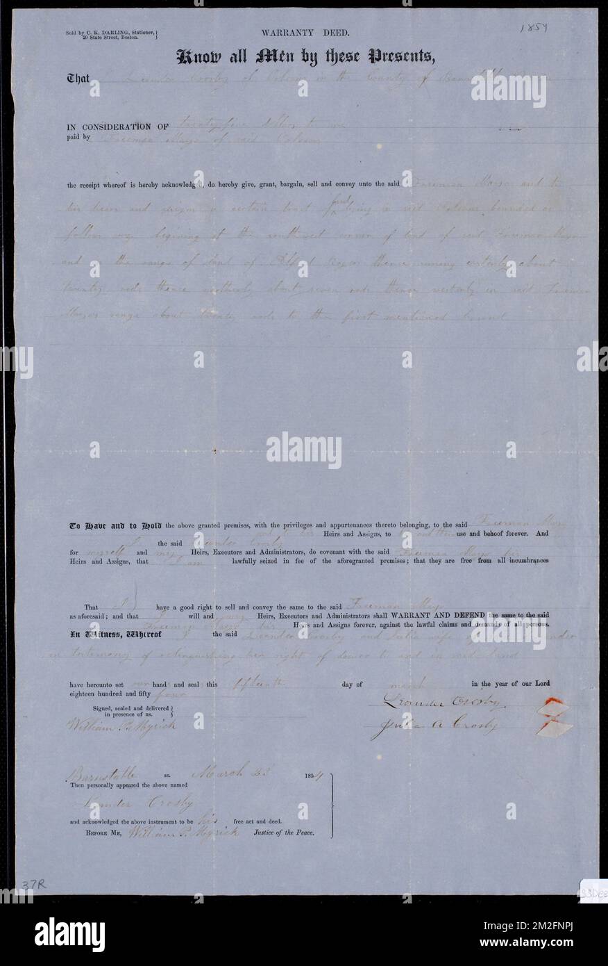 Deed of property in Orleans sold to Freeman Mayo of Orleans by Leander Crosby and Crosby Julia ...