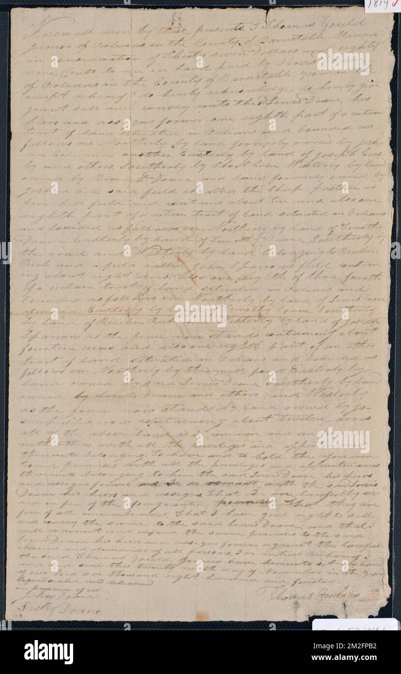 Deed of property in Orleans sold to Lewis Doane of Orleans by Thomas ...