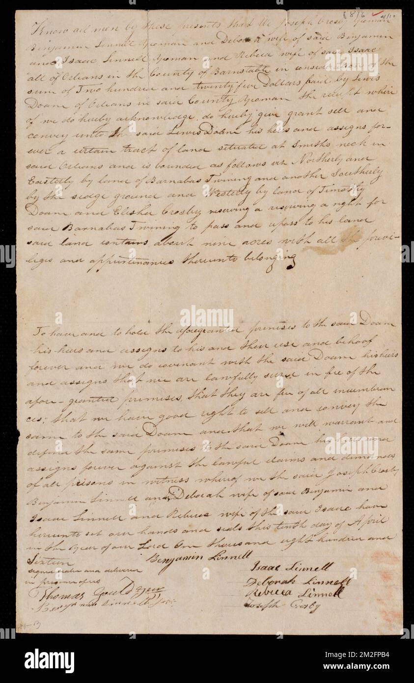 Deed of property in Orleans sold to Lewis Doane of Orleans by Joseph ...