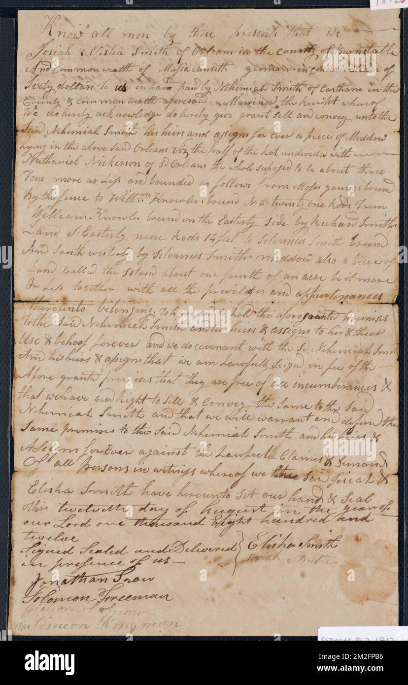 Deed of property in Orleans sold to Nehemiah Smith of Eastham by Josiah ...