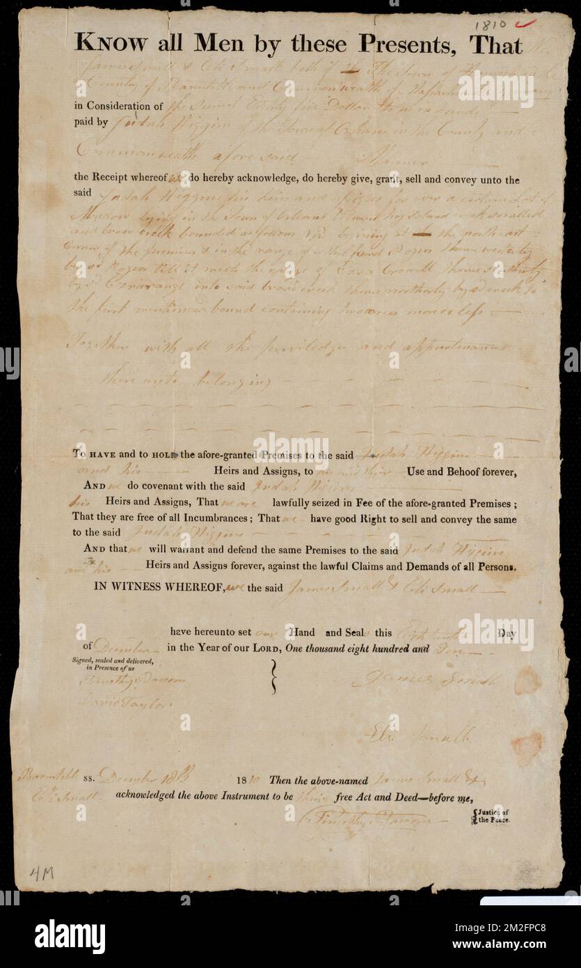 Deed of property in Orleans sold to Judah Higgins of Orleans by James ...