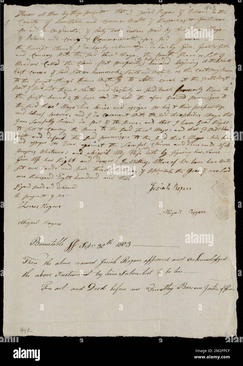 Deed of property in Orleans sold to Theophilus Mayo of Orleans by ...