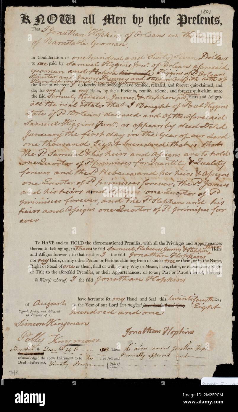 Deed of property in Orleans sold to Samuel Higgins Jr., Rebecca Higgins ...