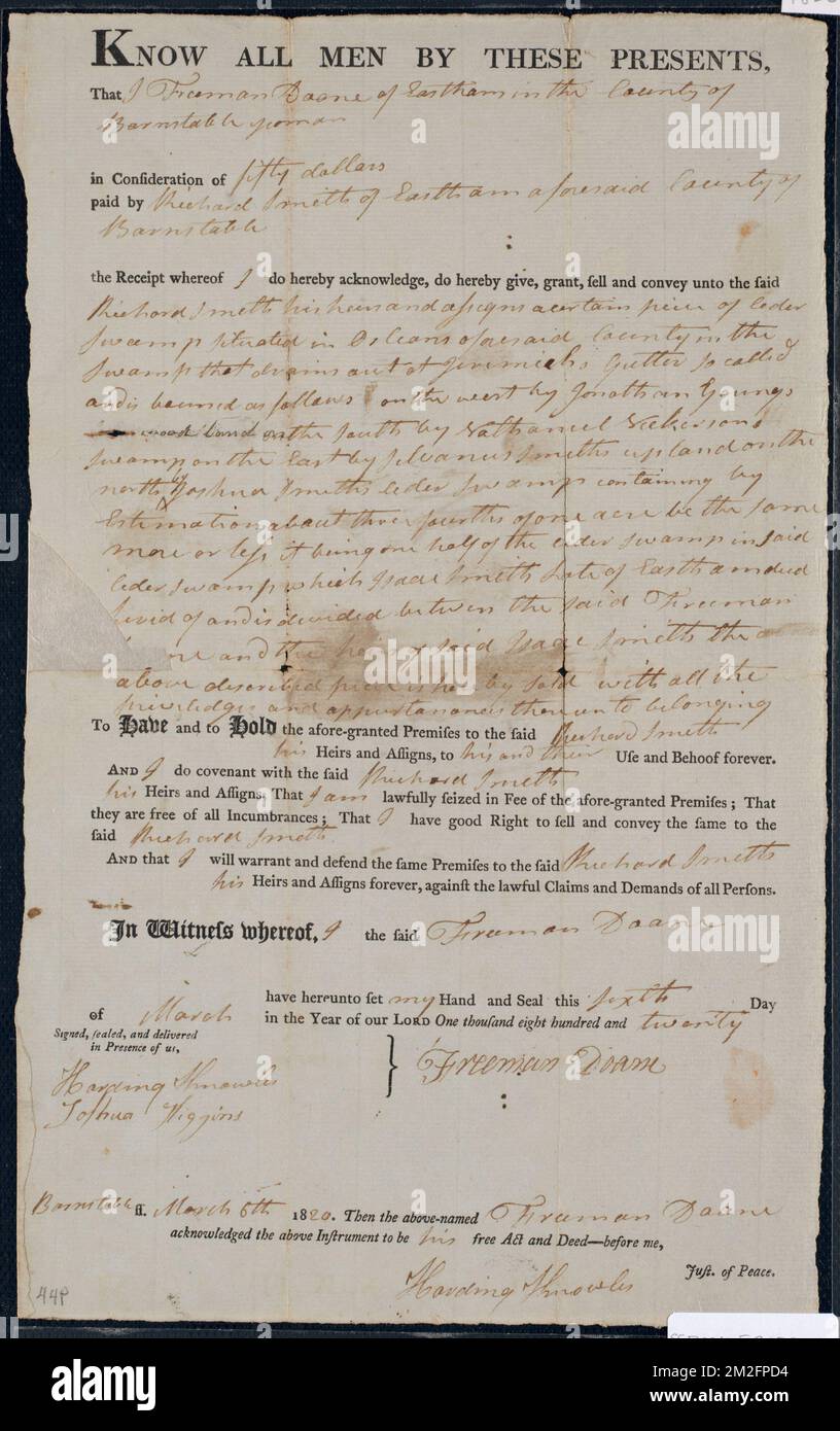 Deed of property in Orleans sold to Richard Smith of Eastham by Freeman ...