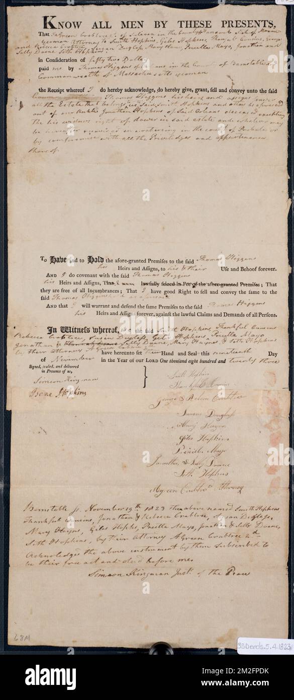 Deed of property in Orleans sold to Thomas Higgins of Orleans by Smith ...
