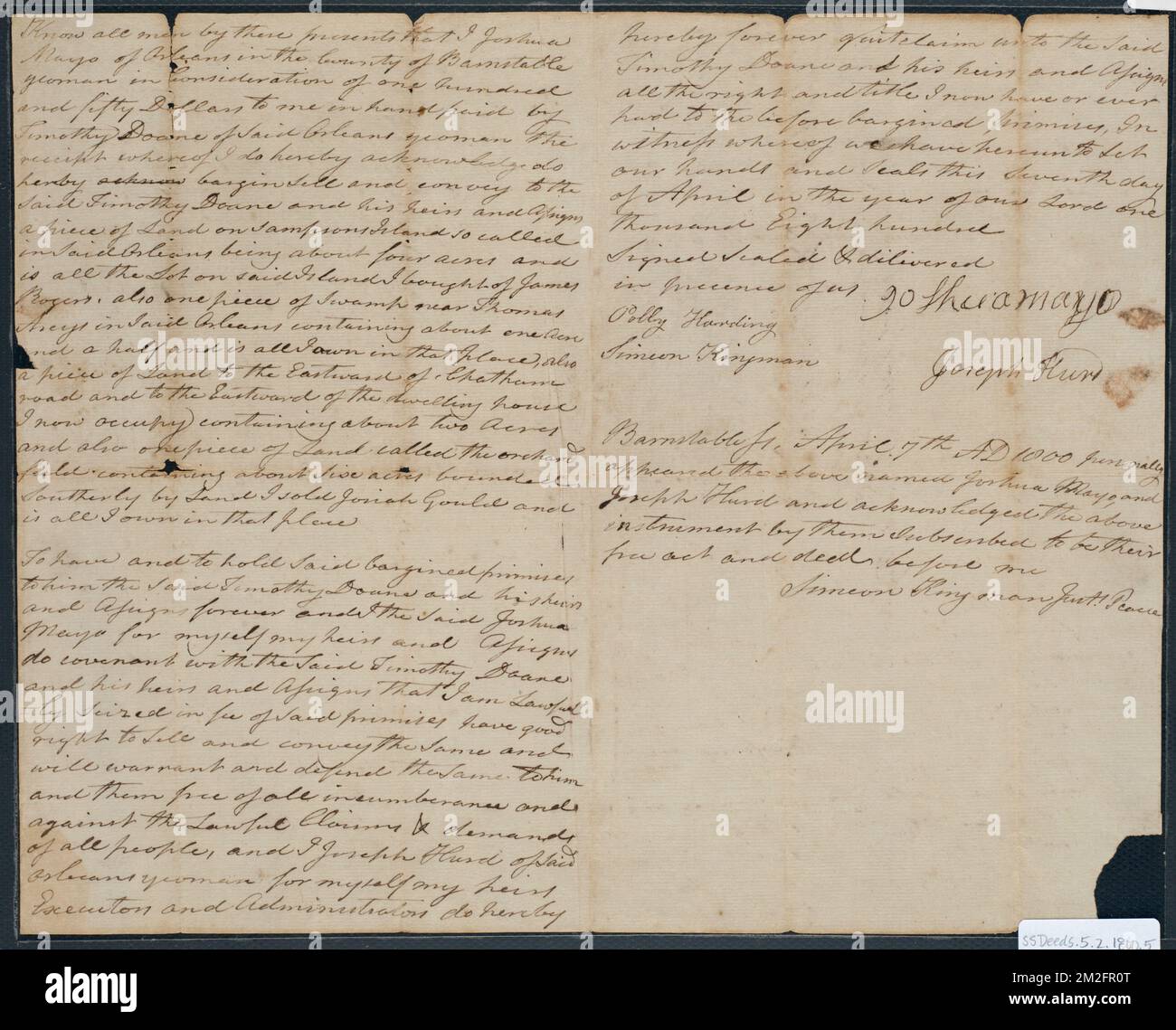 Deed of property in Orleans sold to Timothy Doane by Joshua Mayo of ...