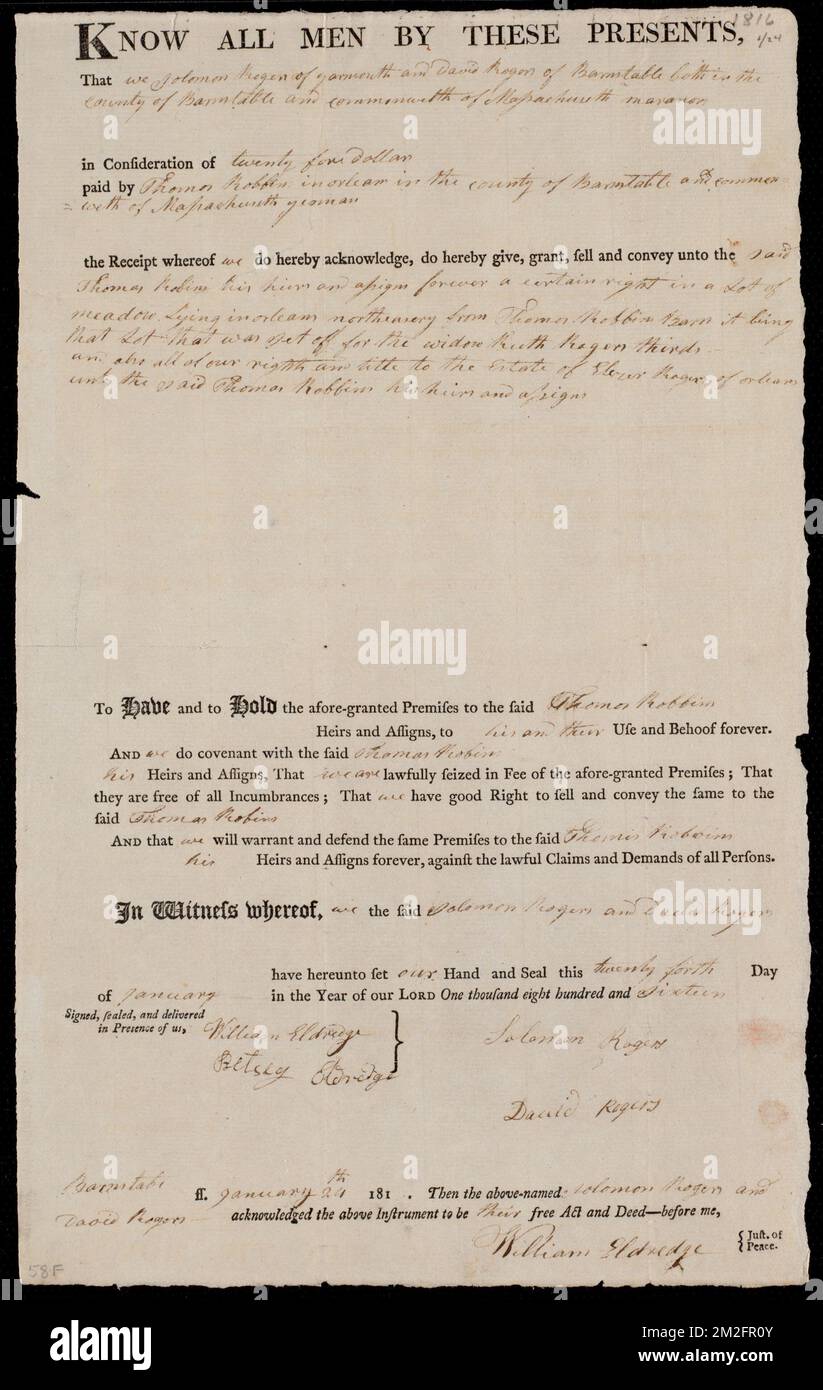 Deed of property in Orleans sold to Thomas Robbins of Orleans by ...
