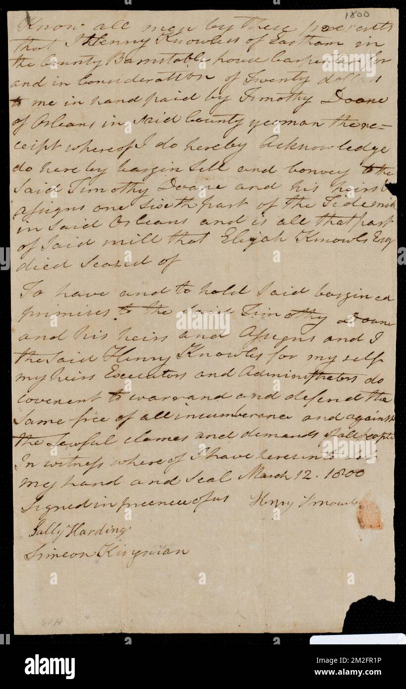 Deed of property in Orleans sold to Timothy Doane of Orleans by Henry ...