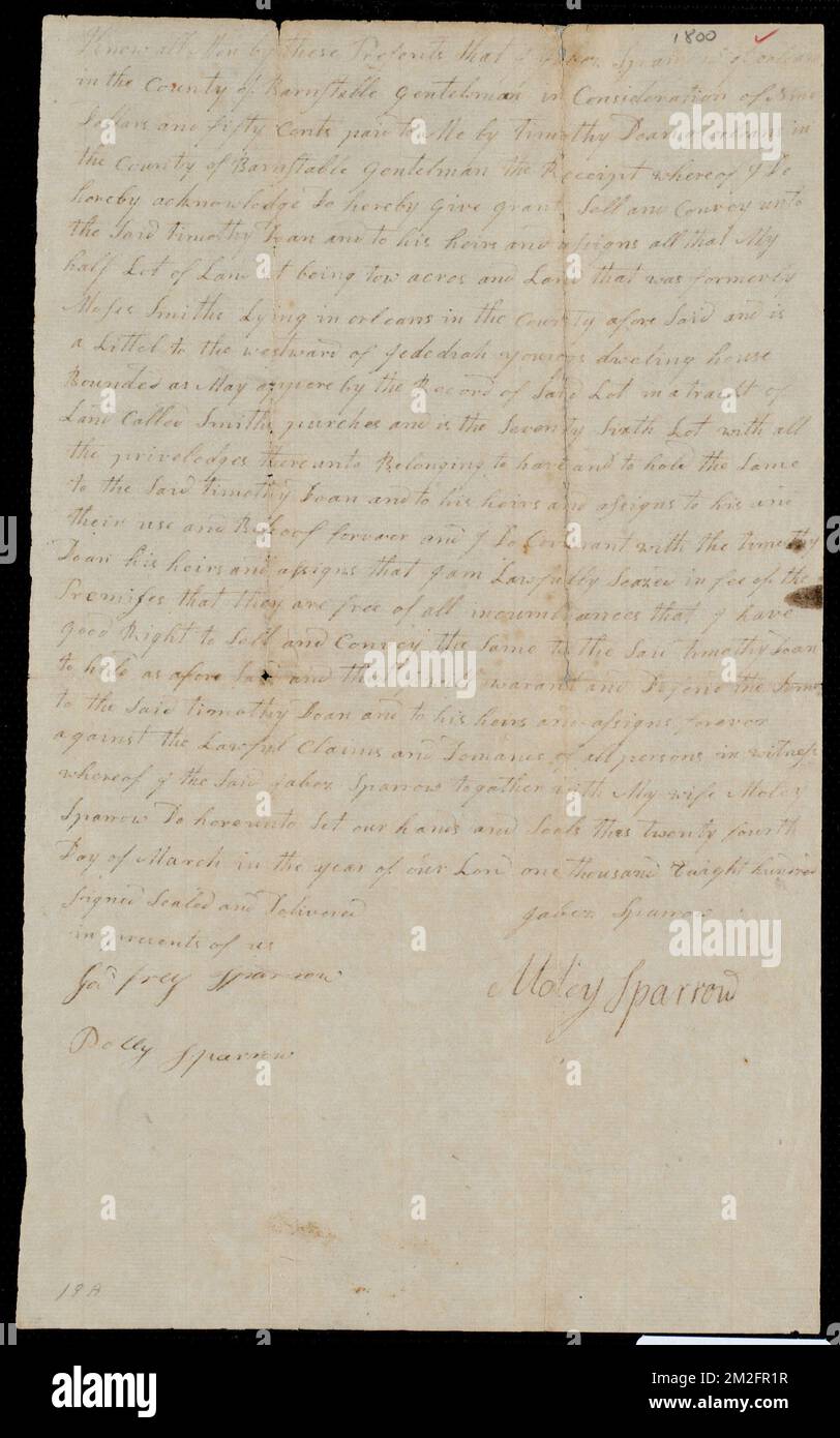 Deed of property in Orleans sold to Timothy Doan(e) of Orleans by Jabez ...