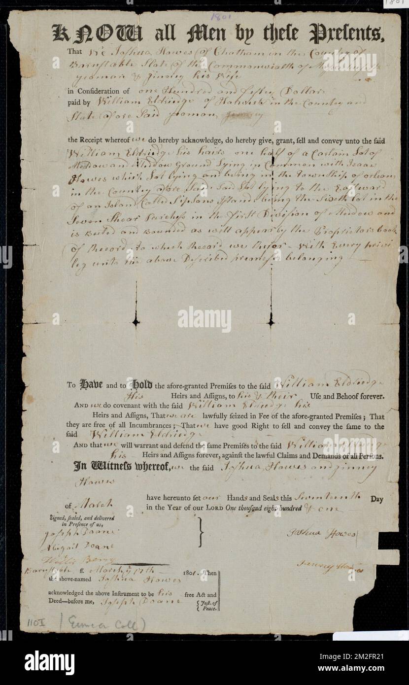 Deed of property in Orleans sold to William Eldridge of Harwich by ...