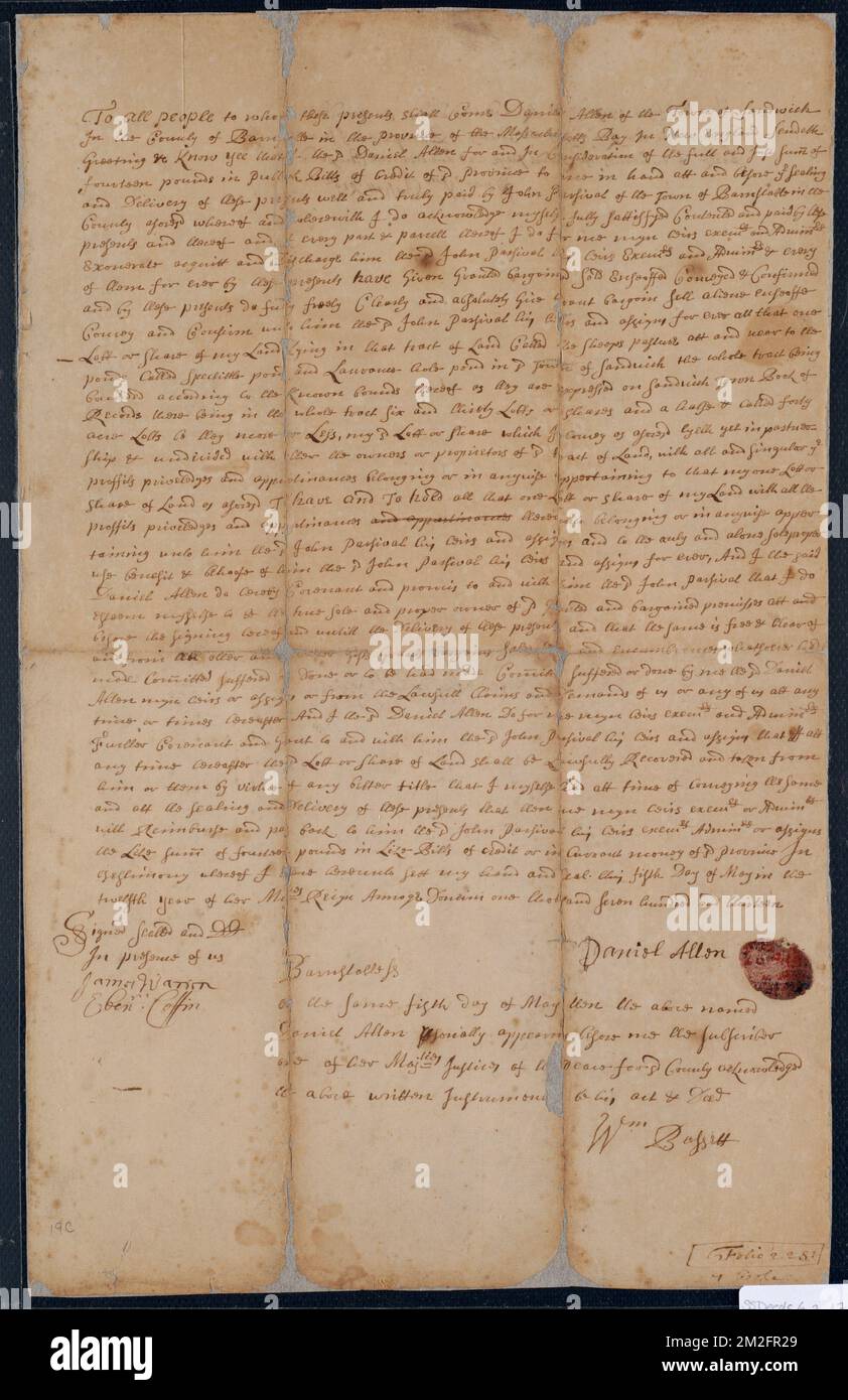 Deed of property in Sandwich sold to John Percival of Barnstable by ...