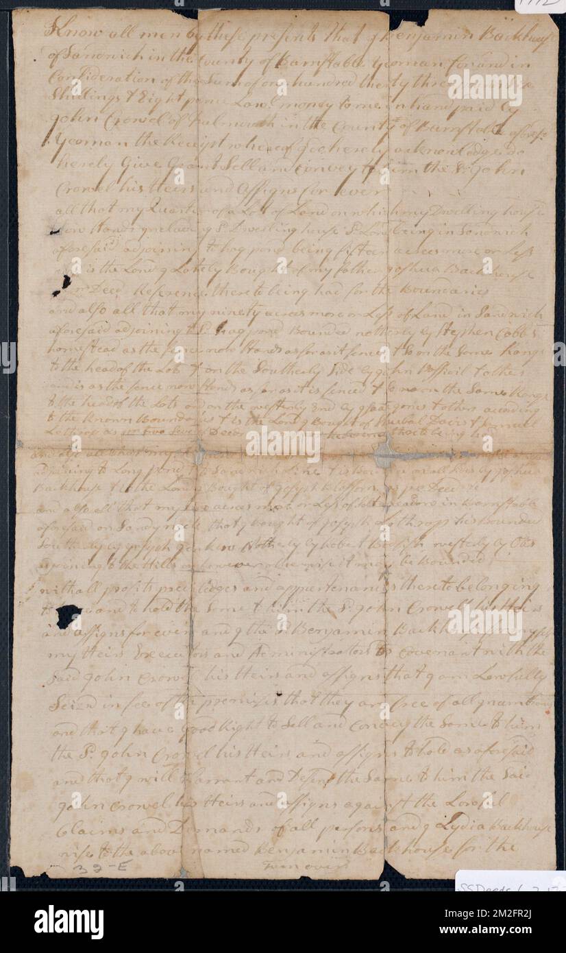 Deed of property in Sandwich sold to John Crowel by Benjamin Backhouse ...
