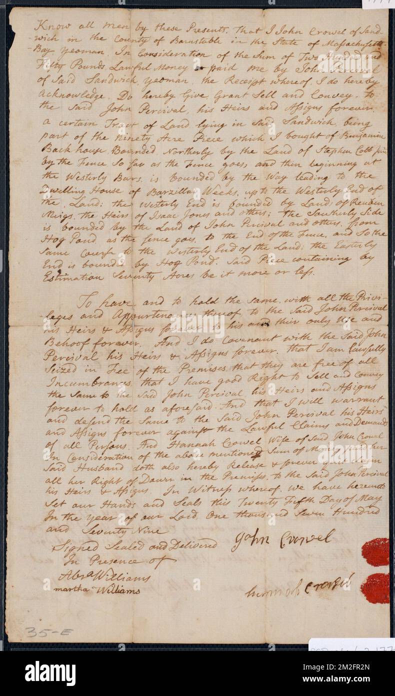 Deed of property in Sandwich sold to John Parsivell by John Crowel of ...