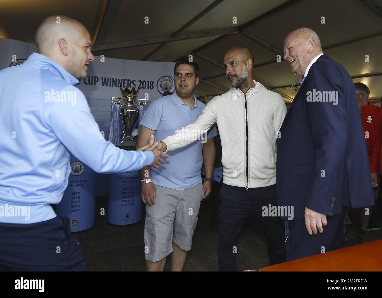Manchester City head coach Pep Guardiola (2R) and Paul Naudts pictured ...