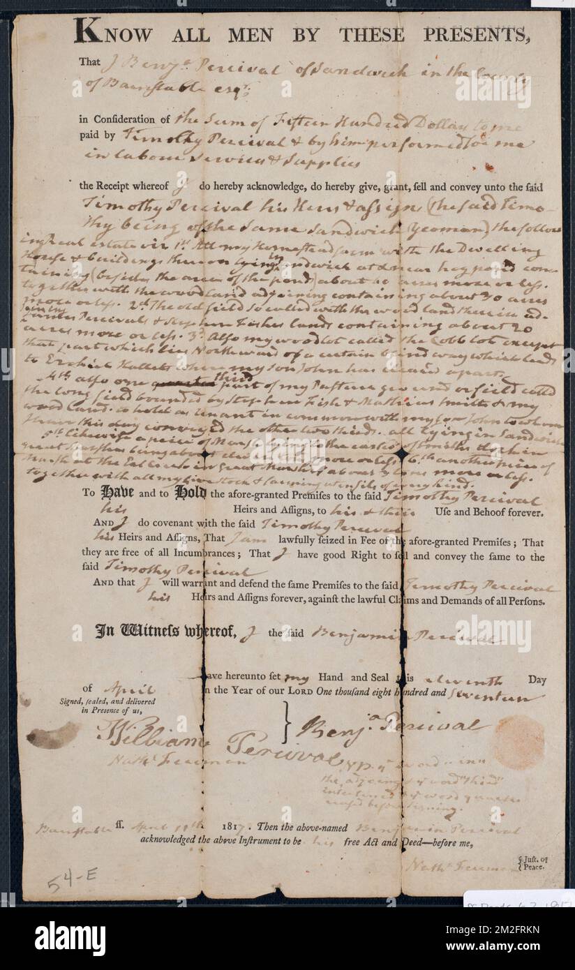 Deed of property in Sandwich sold to Timothy Percival by Benjamin ...