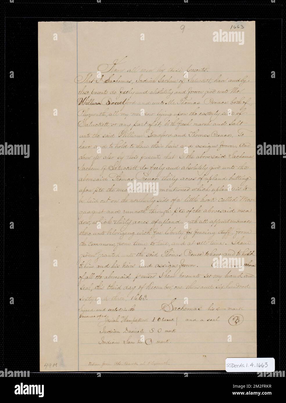 Deed of property in Satuckett (Dennis) sold to William Bradford and ...