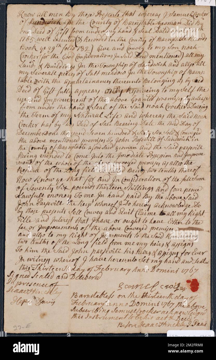 Deed of property in Sandwich sold to John Parsivell by Samuel Crocker ...