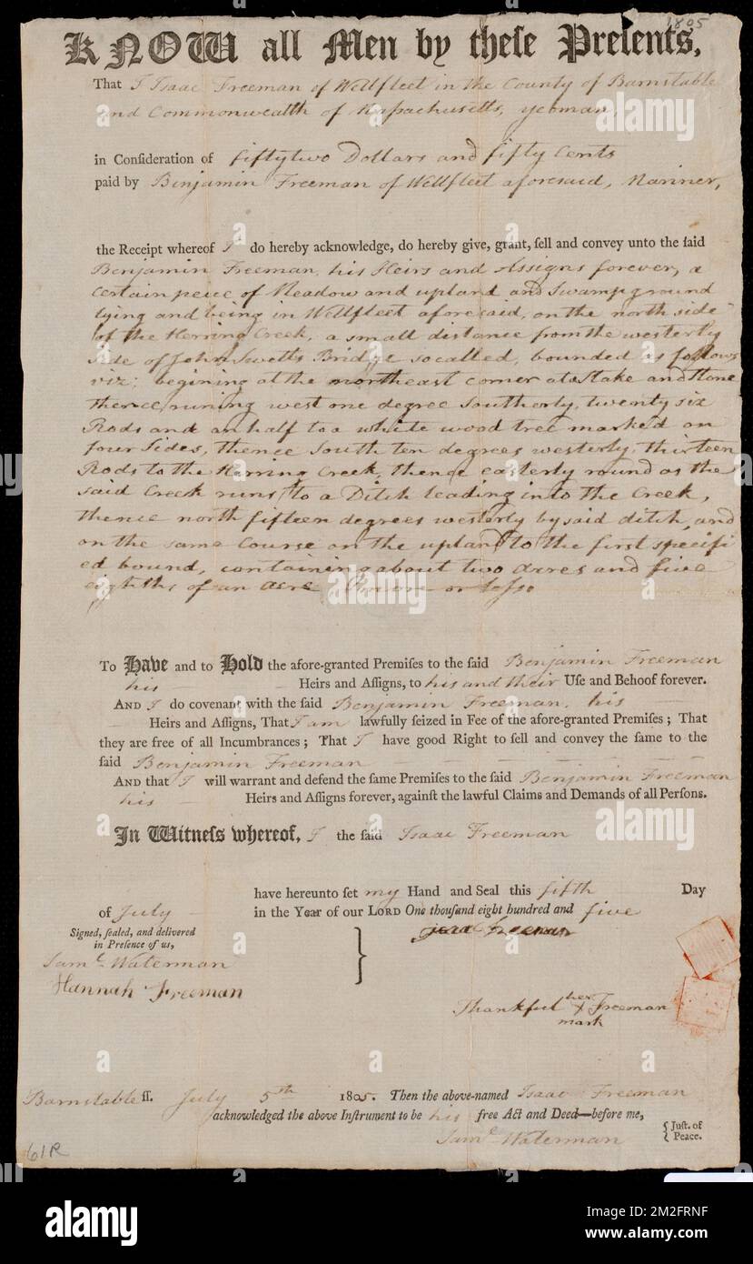 Deed of property in Wellfleet sold to Benjamin Freeman of Wellfleet by ...