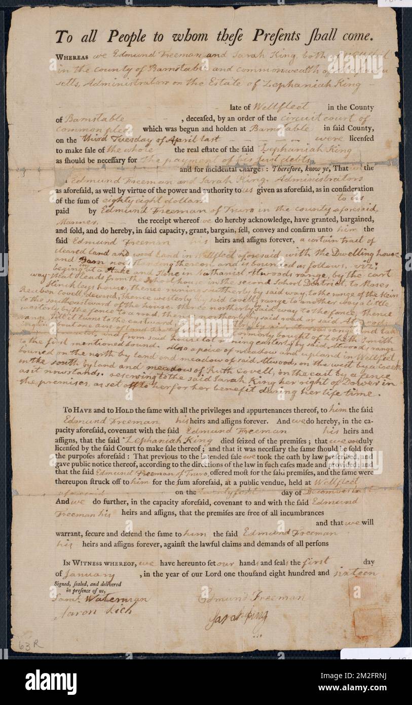 Deed of property in Wellfleet sold to Edmund Freeman of Truro by Edmund ...