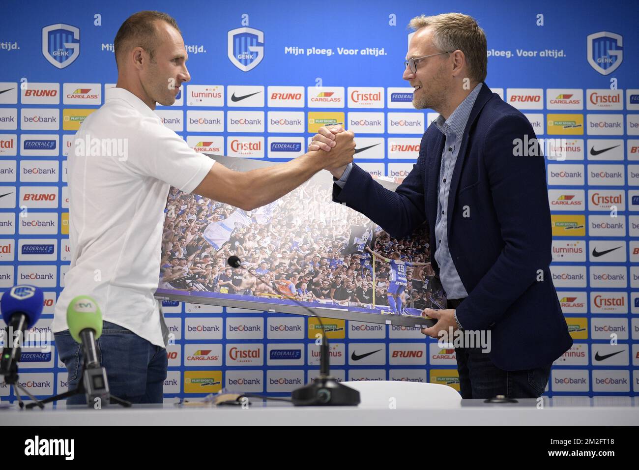Genk's Thomas Buffel and Genk's chairman Peter Croonen pictured after a press conference of ...