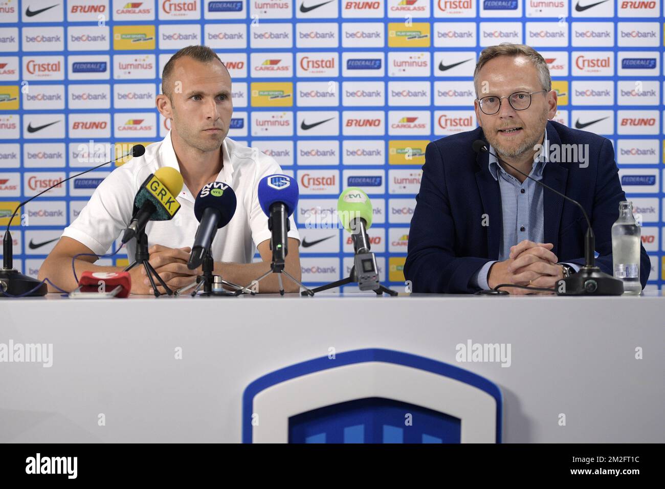 Genk's Thomas Buffel and Genk's chairman Peter Croonen pictured during a press conference of ...