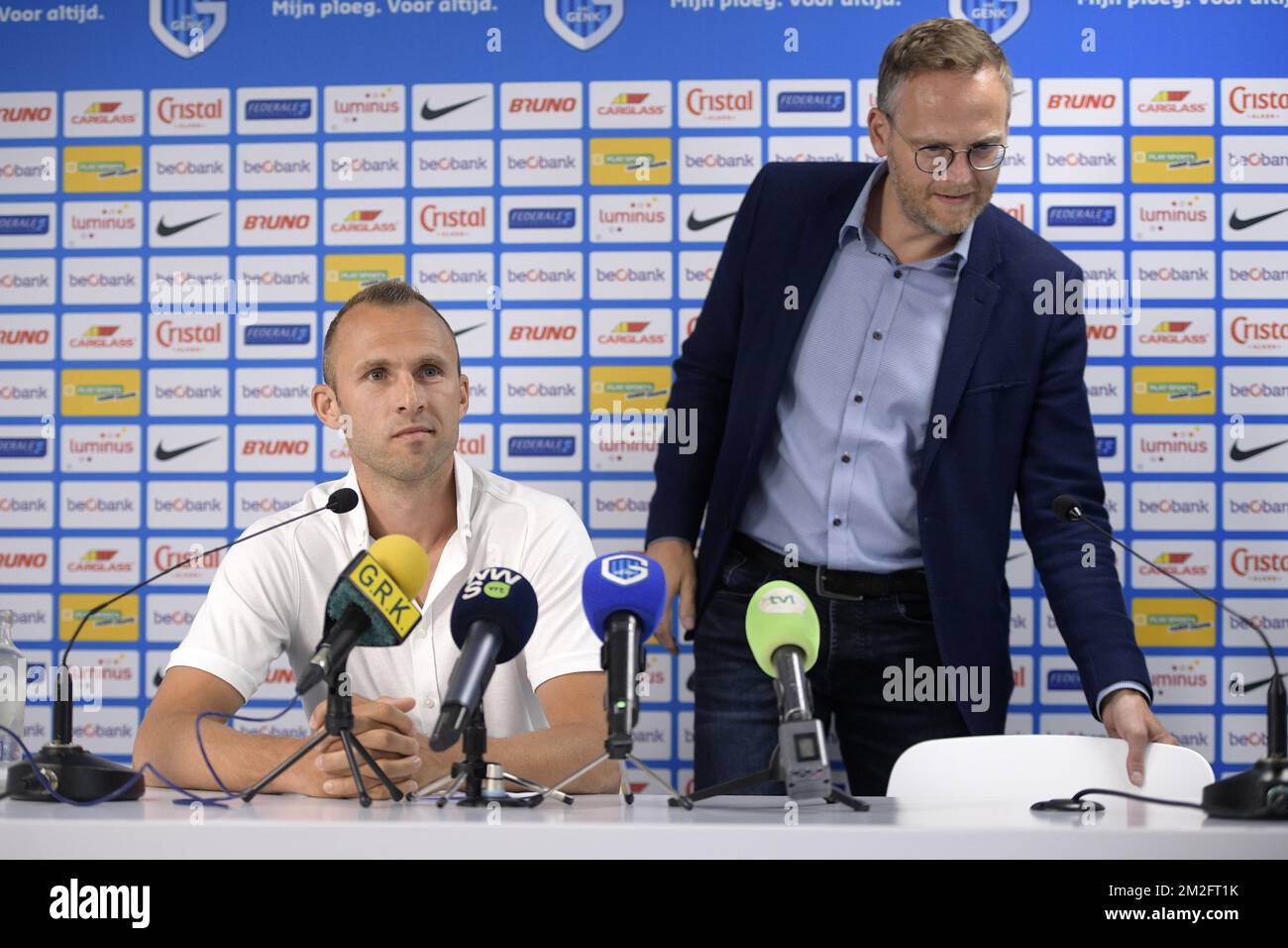 Genk's Thomas Buffel and Genk's chairman Peter Croonen pictured at the start of a press ...