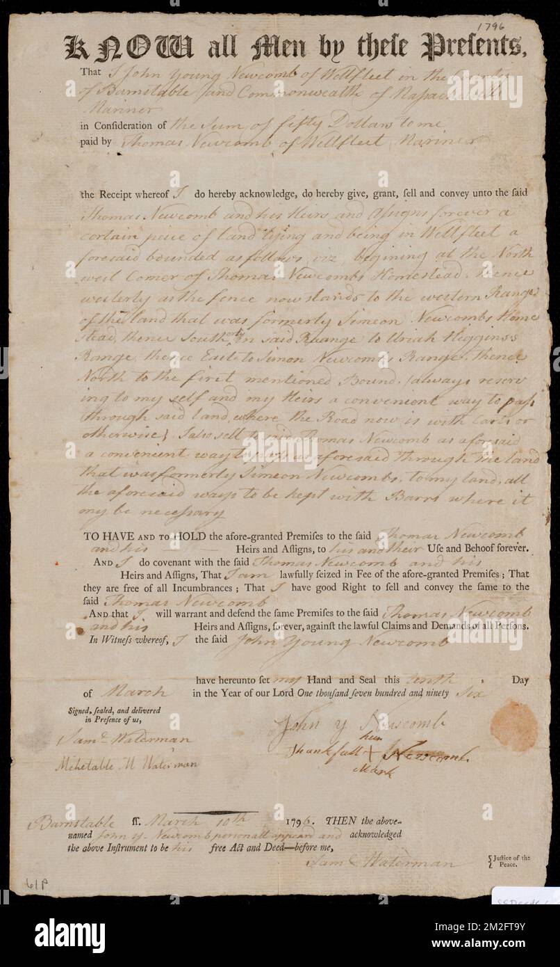 Deed of property in Wellfleet sold to Thomas Y. Newcomb of Wellfleet by John Young of Wellfleet ...