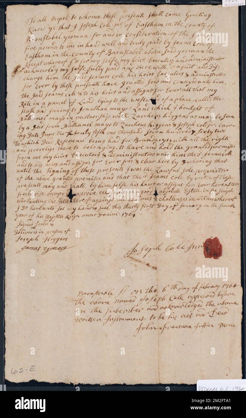 Deed of property in Wellfleet sold to Jeams (James) Cole of Eastham by ...