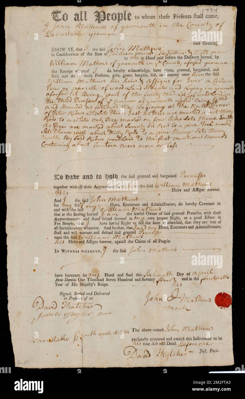 Deed of property in Yarmouth sold to William Matthews of Yarmouth by ...
