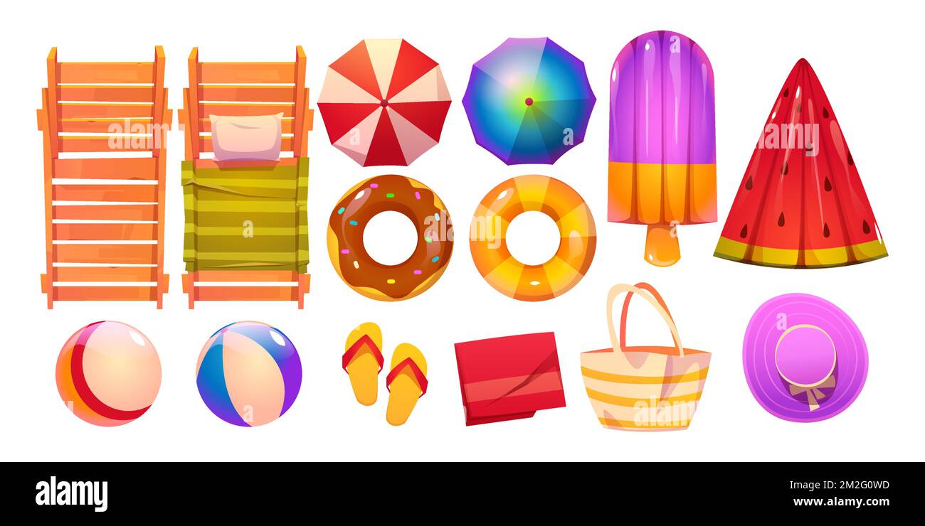 Swimming pool set with deck chairs, umbrellas, inflatable rubber rings ...