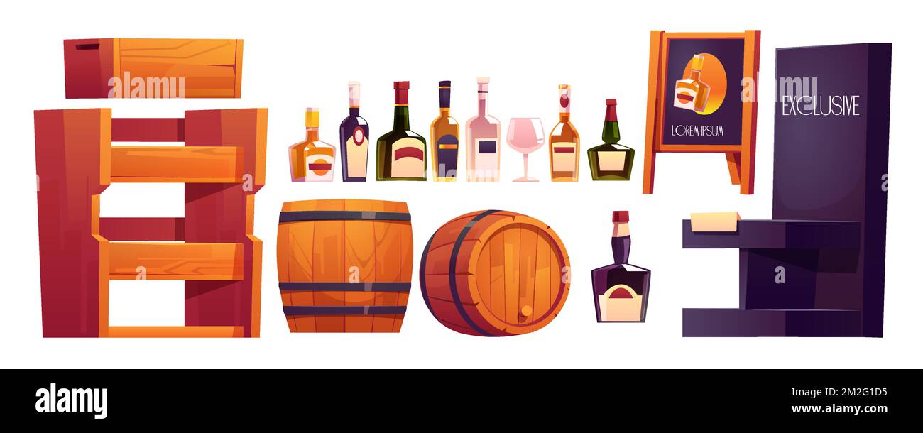Alcohol store set with bottles, wooden shelf, barrel and advertising ...