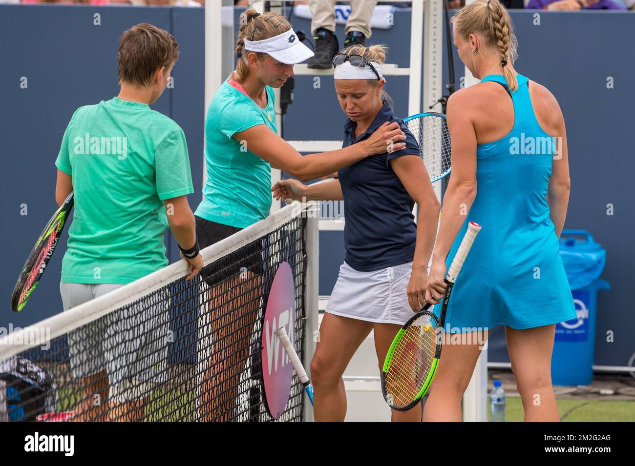 Belgian Elise Mertens and Belgian Kirsten Flipkens pictured after a doubles tennis game of Dutch ...