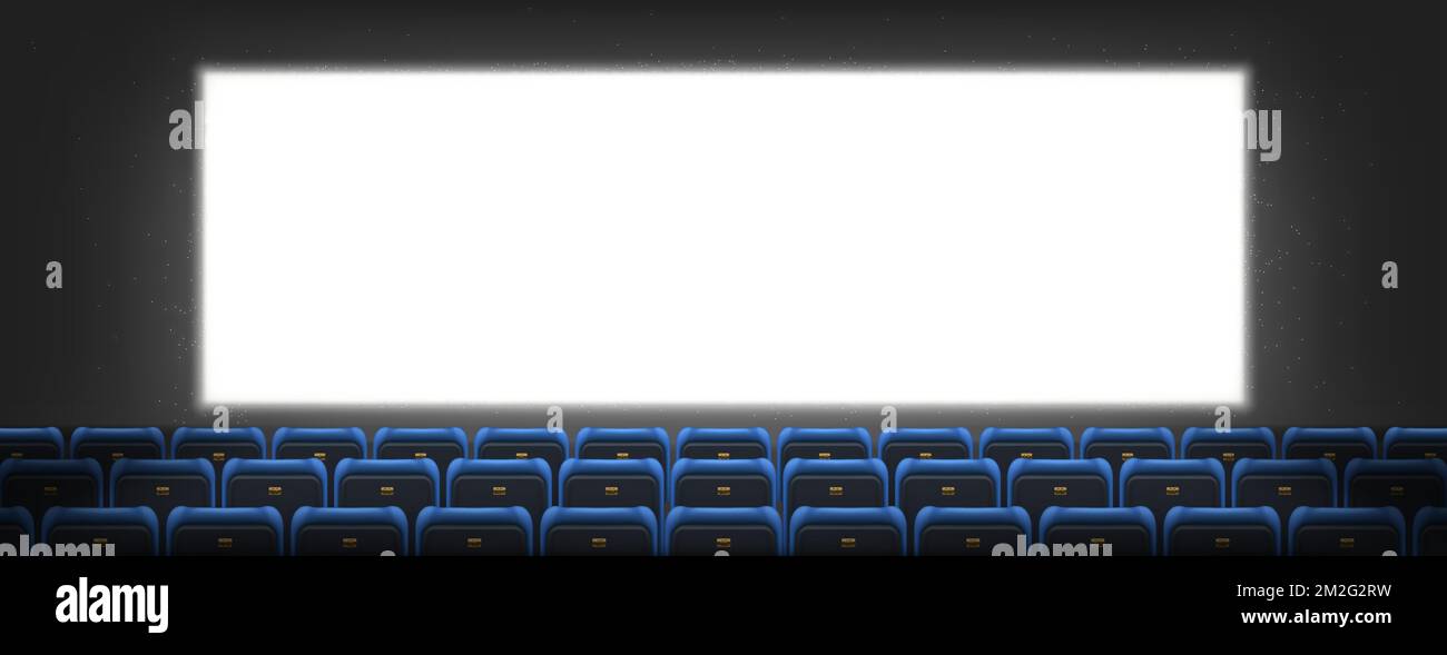 Cinema screen, lightbox in movie theater hall with seats rows. Blank ...
