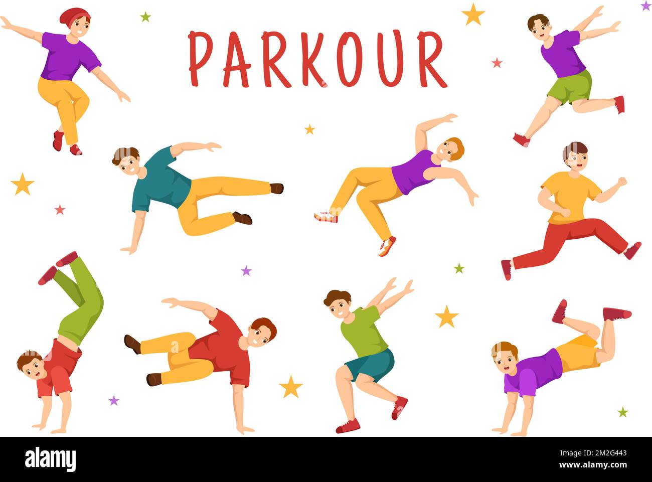 Parkour Sports with Young Men Jumping Over Walls and Barriers in City ...