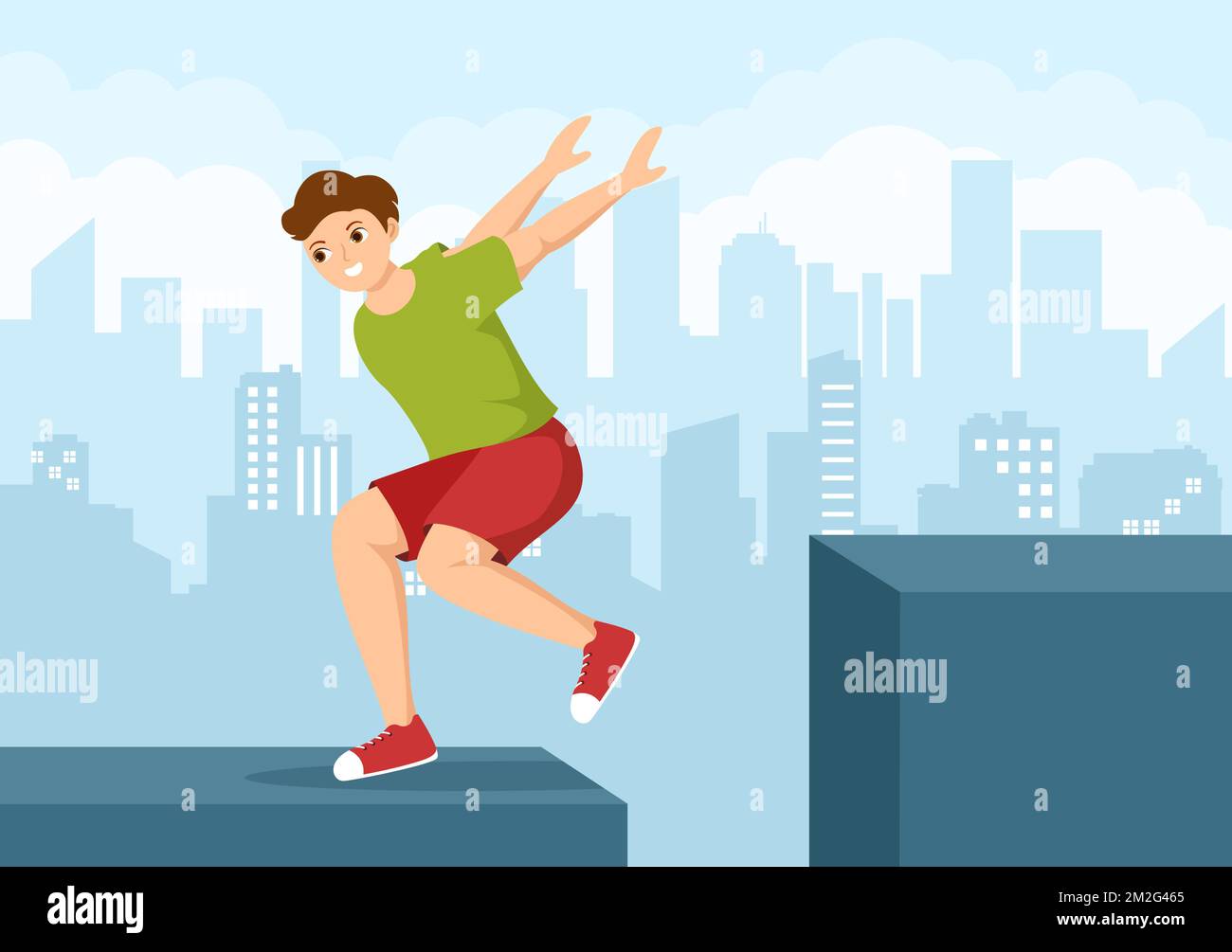 Cartoon illustration man jumping buildings Stock Vector Images - Alamy