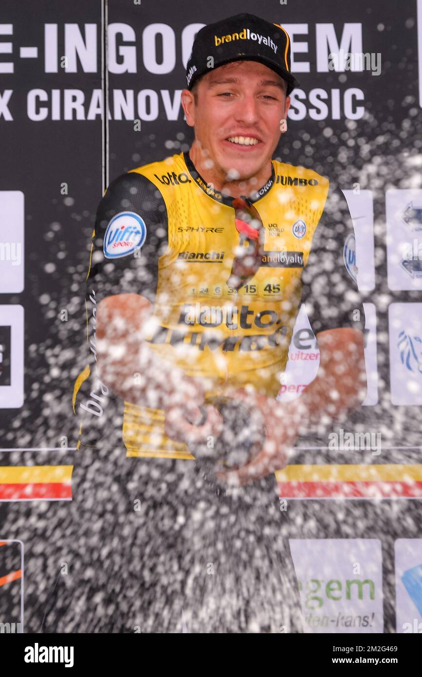 Dutch Danny van Poppel of Team LottoNL-Jumbo celebrates on the podium ...