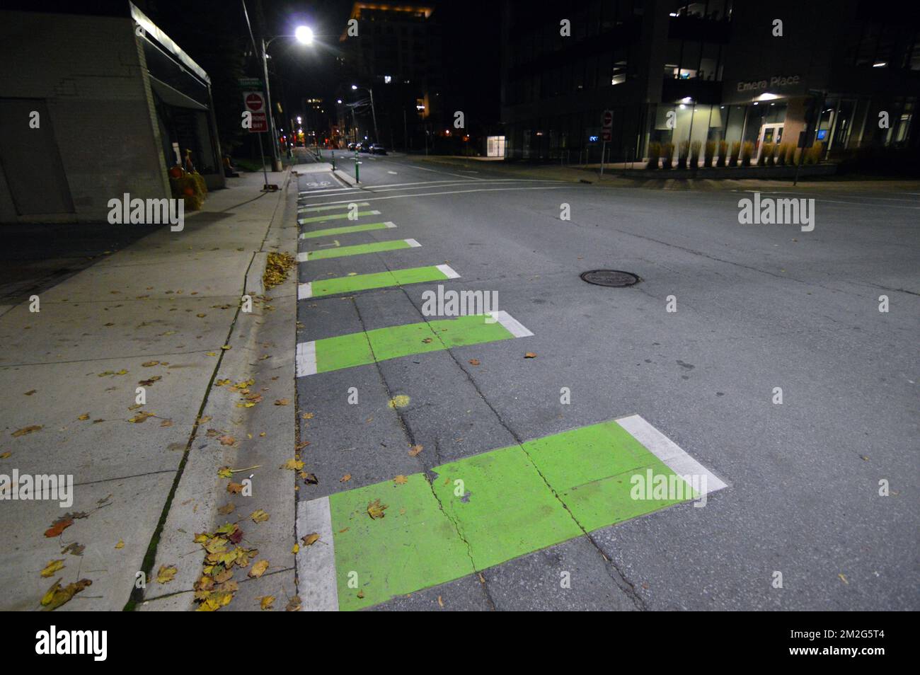 Green bike lane conflict markings on Hollis Street in downtown Halifax, Nova Scotia, Canada ...