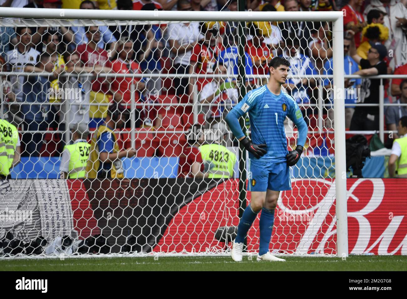 Belgium's goalkeeper Thibaut Courtois reacts after the 5-2 goal during ...